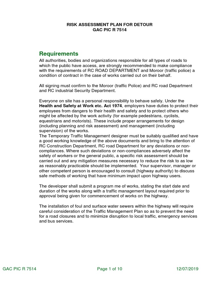 Risk Assessment Plan For Detour | PDF | Occupational Safety And Health ...