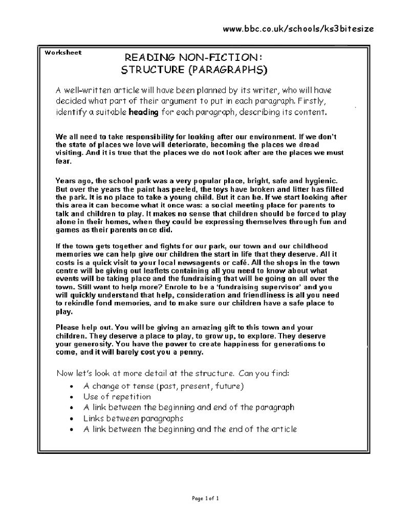 BBC Bitesize - Reading Non Fiction - Paragraph Structure | PDF