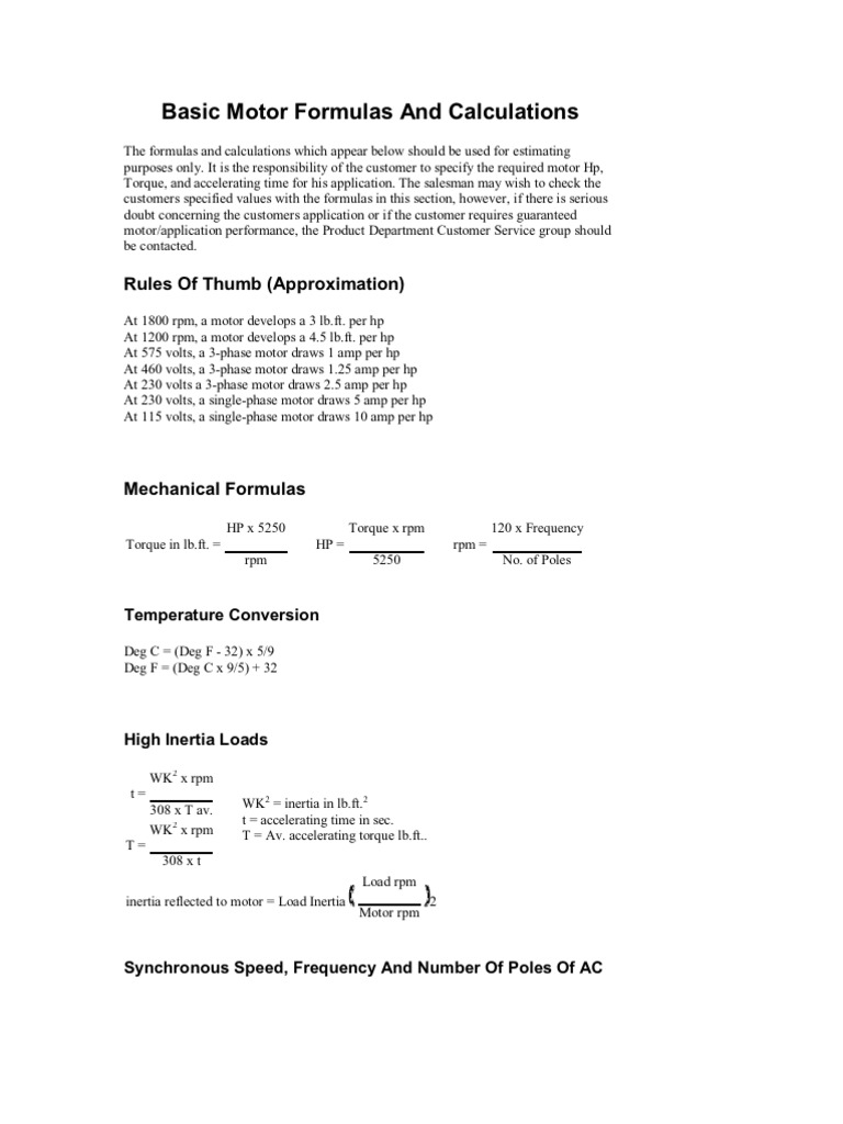 Basic Motor Formulas and Calculations | PDF
