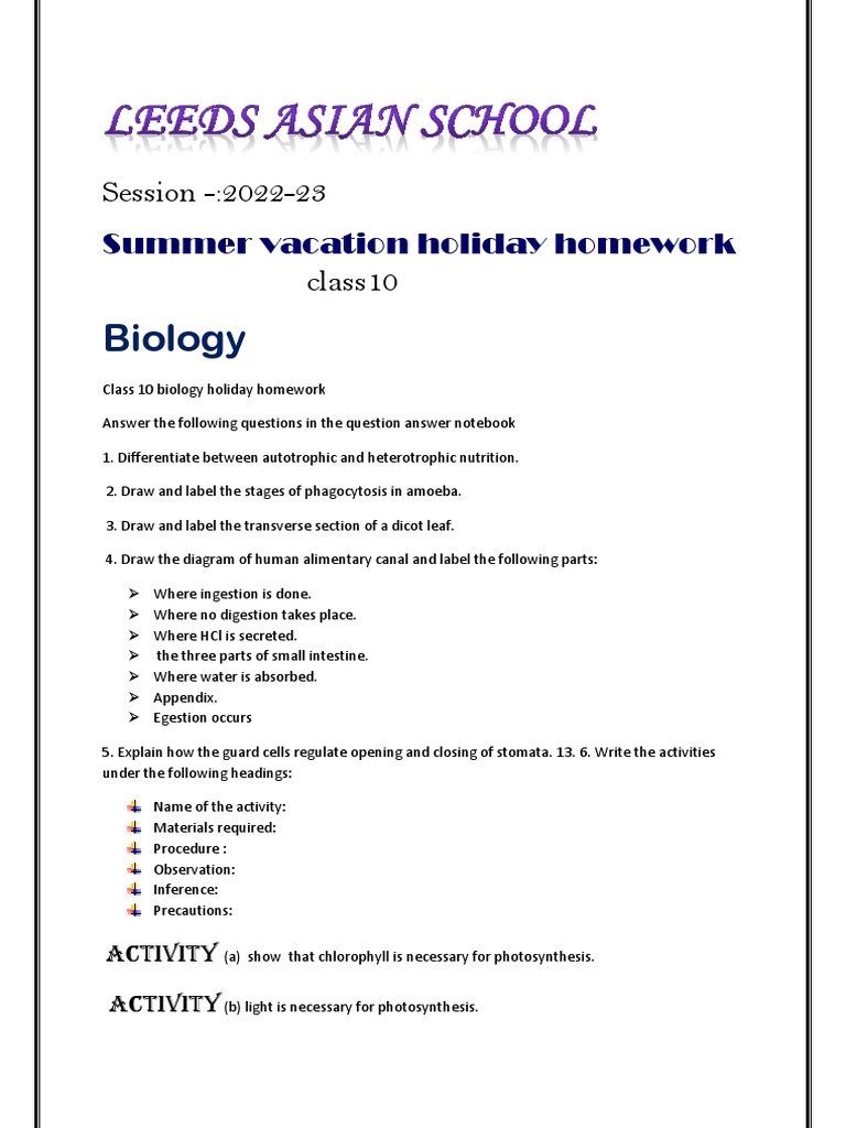 Summer Vacation Holiday Homework. (Class 10) | PDF | Biology | Redox