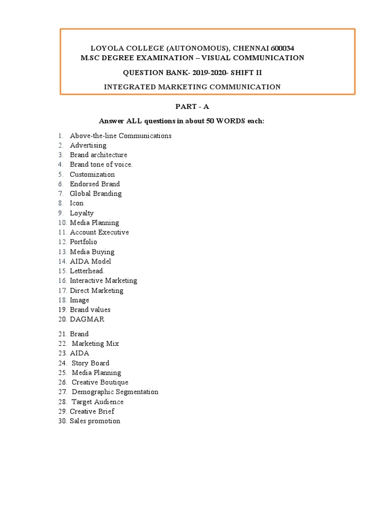 Question Bank Sem IMC 2019-2020 | PDF | Brand | Marketing Communications