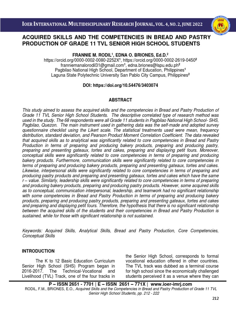 Acquired Skills and The Competencies in Bread and Pastry Production of Grade 11 TVL Senior High ...
