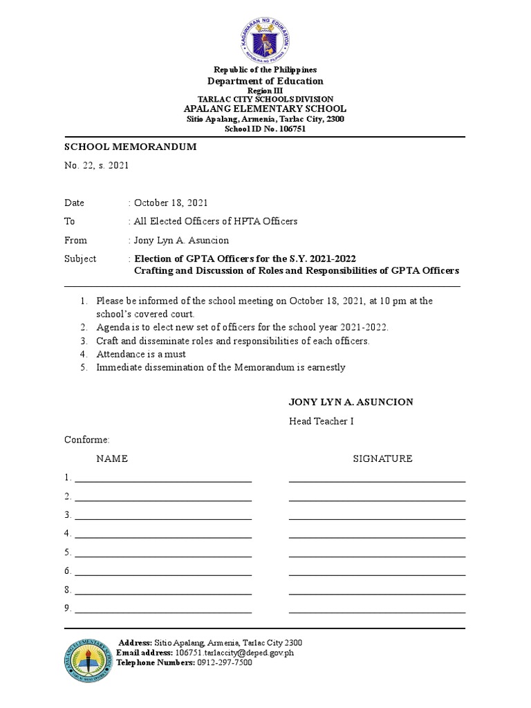 School Memorandum GPTA Election | PDF | Multimedia | Communication