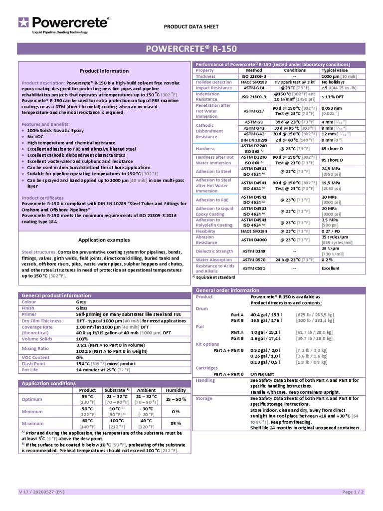 Powercrete R-150 Product Data Sheet | PDF | Epoxy | Pipe (Fluid Conveyance)