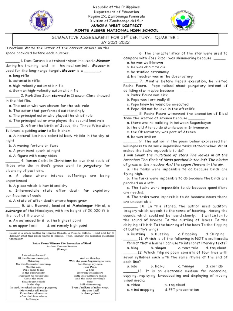 Summative Assessment: Analyzing Literary Elements and Devices in Short ...
