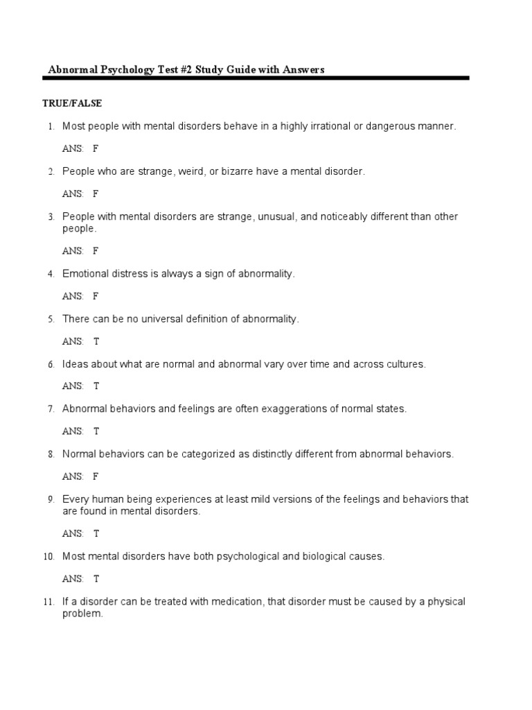 Abnormal Psychology Test Two Study Guide With Answers | PDF | Mental ...