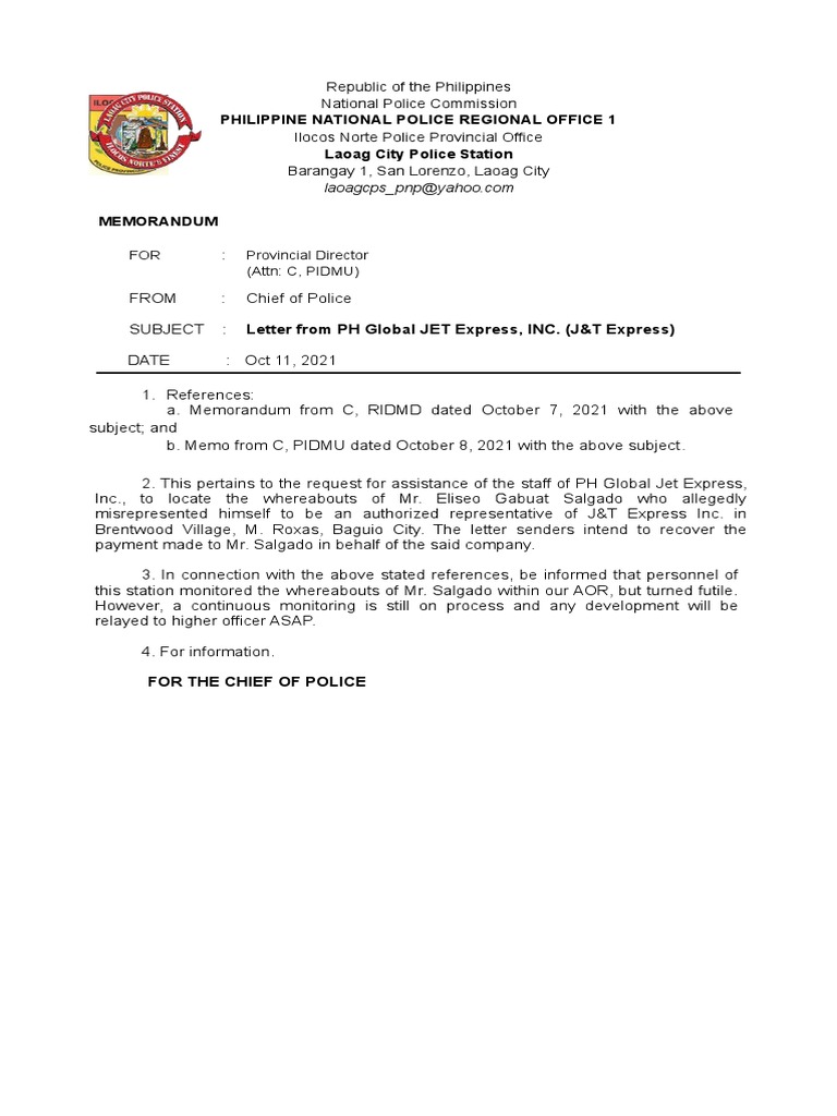Letter From PH Global JET Express, INC. (J&T Express) | PDF