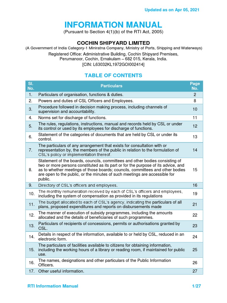 Cochin Shipyard RTI Manual | PDF | Board Of Directors | Ships
