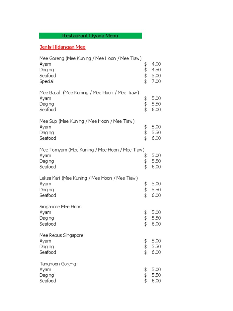 Liyana Restaurant Menu Excel | PDF