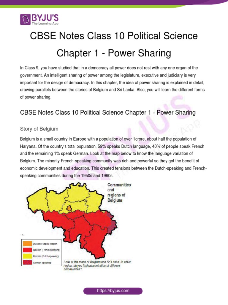 CBSE Notes Class 10 Political Science Chapter 1 - Power Sharing | PDF ...