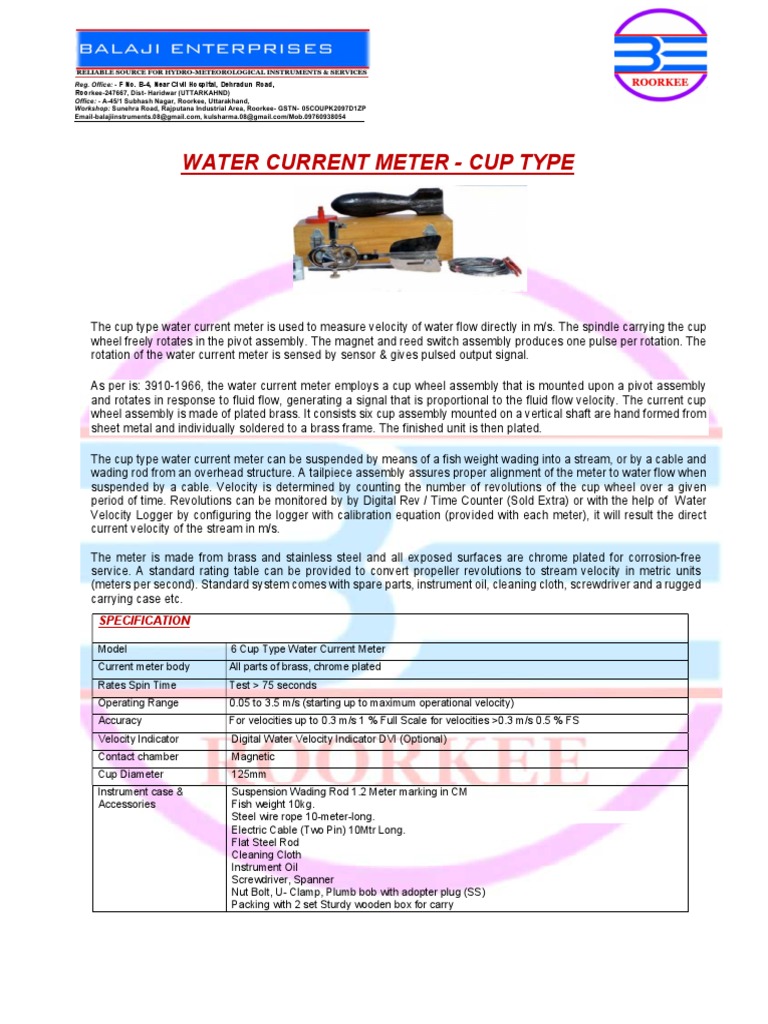 Cup Type Water Current Meter | PDF | Metre | Screw