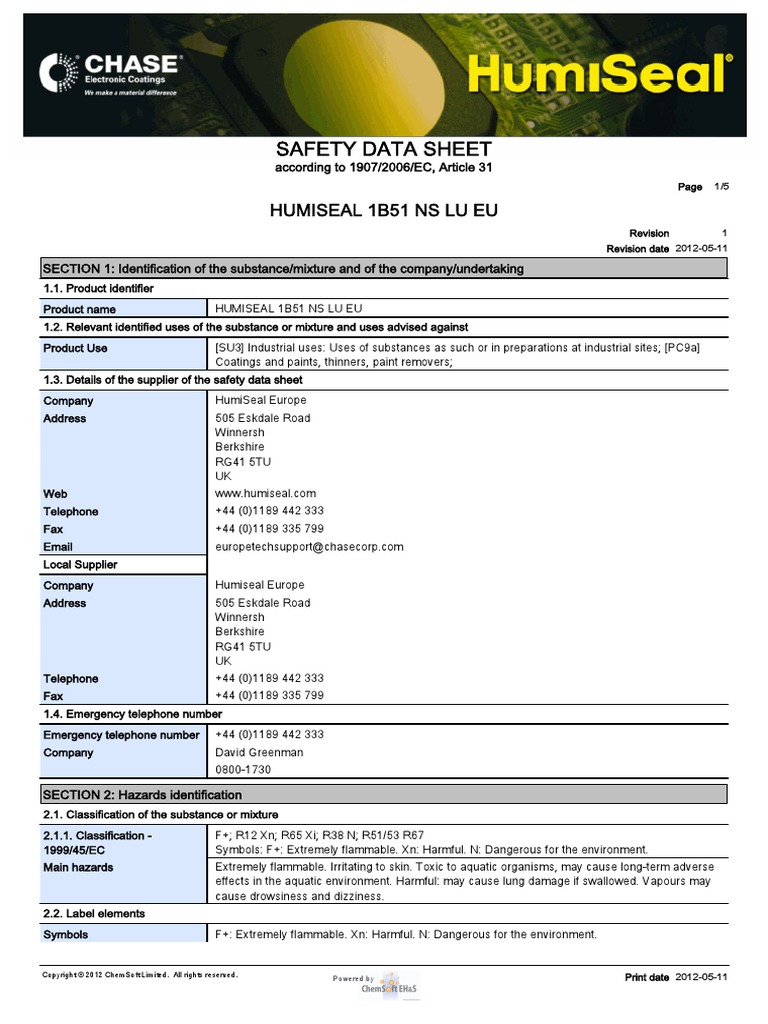 Safety Data Sheet: Humiseal 1B51 Ns Lu Eu | PDF | Dangerous Goods ...
