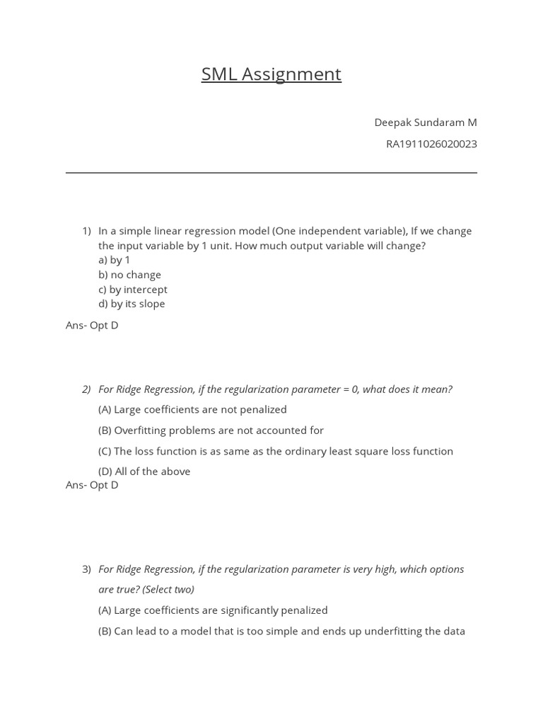 SML Assignment: 2) For Ridge Regression, If The Regularization Parameter 0, What Does It Mean ...