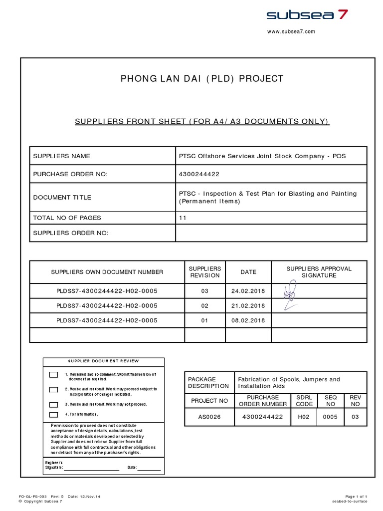 PLDSS7-4300244422-H02-0005 - ITP For Blasting and Painting - 03 | PDF ...