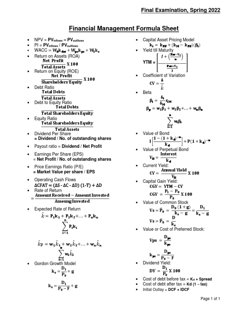 Financial Management Formula Sheet | PDF | Yield (Finance) | Financial ...