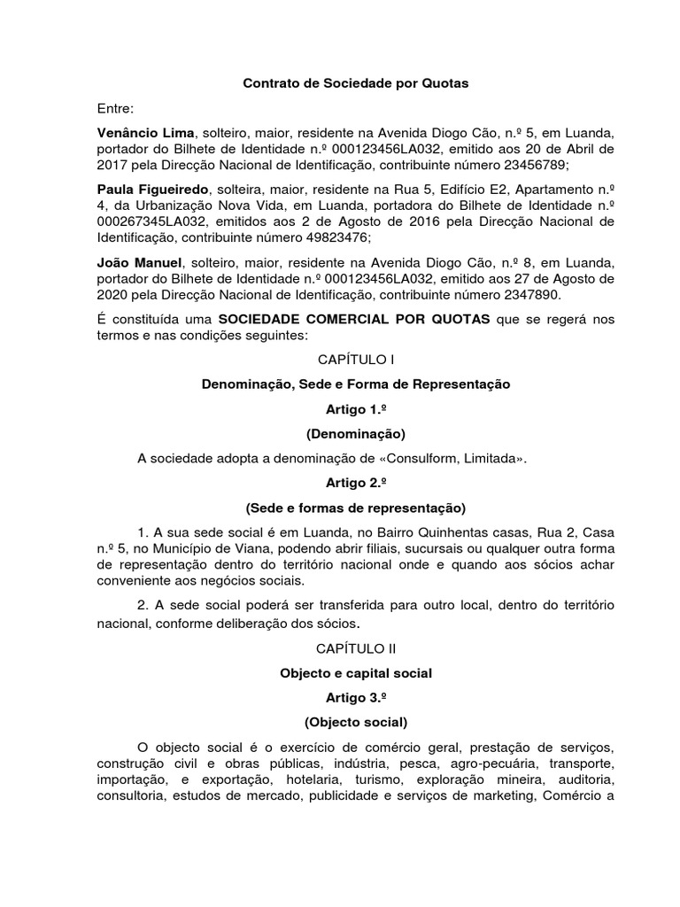 Minuta de Contrato de Sociedade Por Quotas | Download grátis PDF | Economias