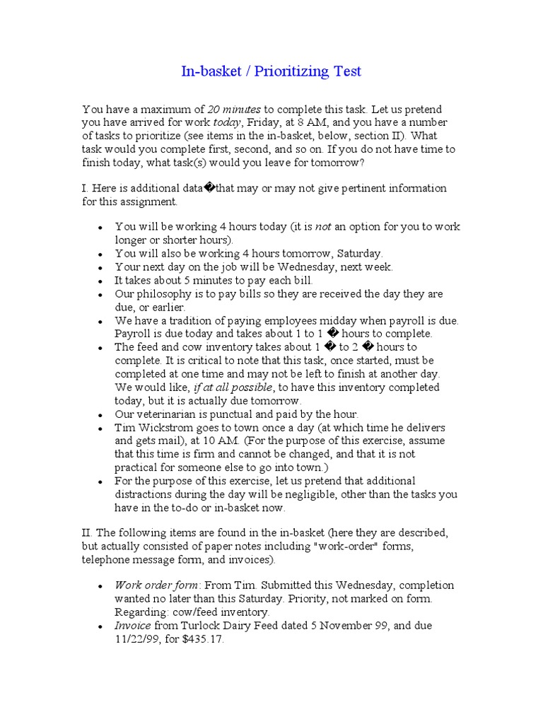 In-Basket / Prioritizing Test | PDF