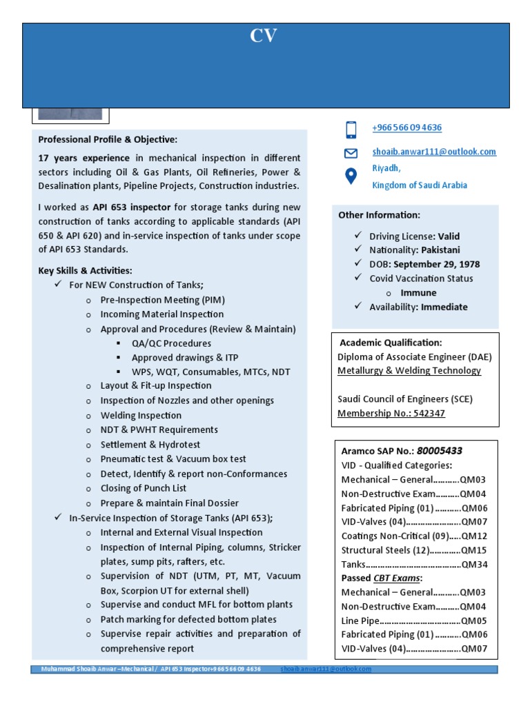 CV Shoaib Anwar - Mechanical Inspector - 3b | PDF | Nondestructive ...