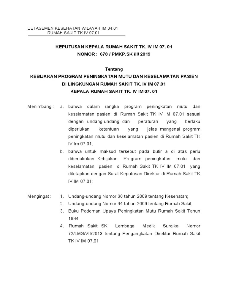 SK Program Peningkatan Mutu Dan Keselamatan Pasien | PDF