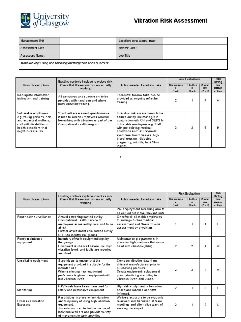Vibration Risk Assessment: (Site/ Building/ Room) | PDF | Risk ...