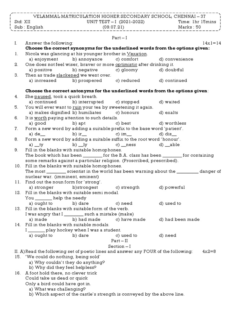 Choose The Correct Synonyms For The Underlined Words From The Options ...