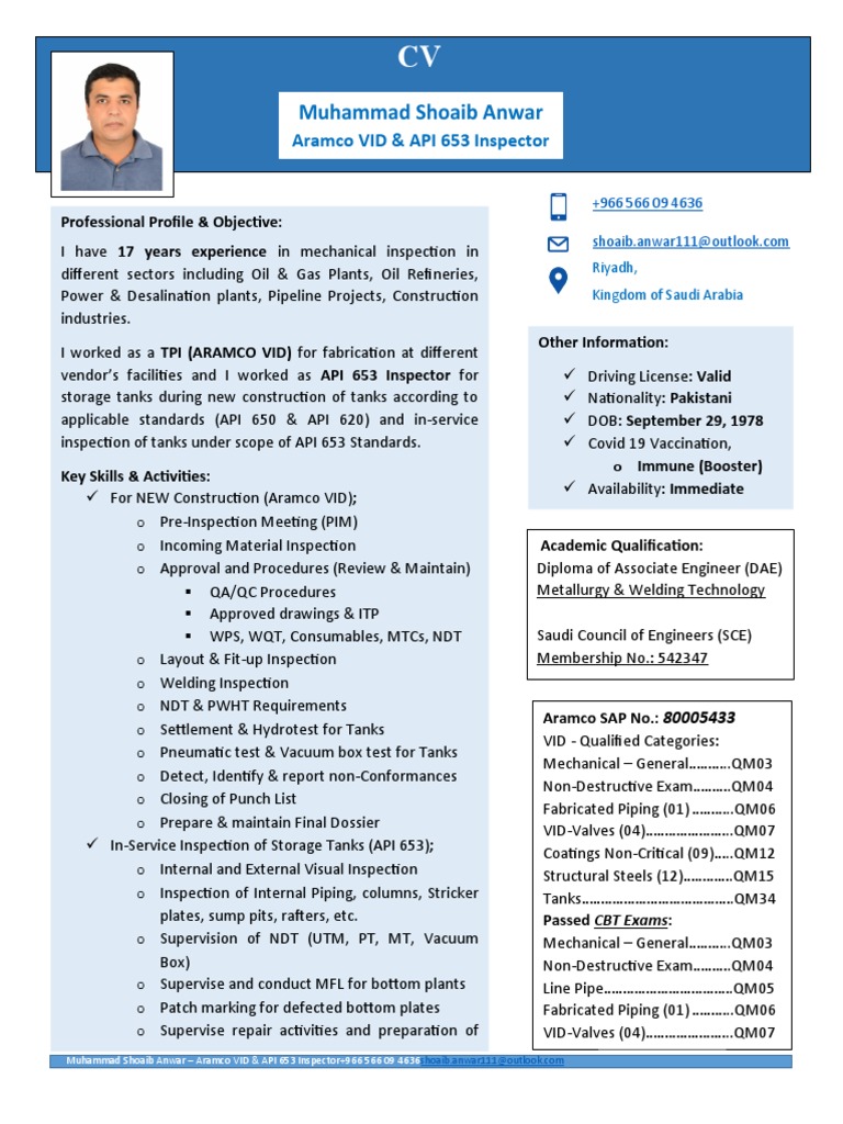 Aramco VID & API 653 Inspector CV | PDF | Nondestructive Testing ...