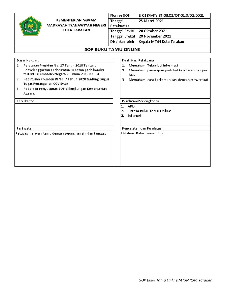 Sop Buku Tamu Online: Kementerian Agama Madrasah Tsanawiyah Negeri Kota Tarakan | PDF