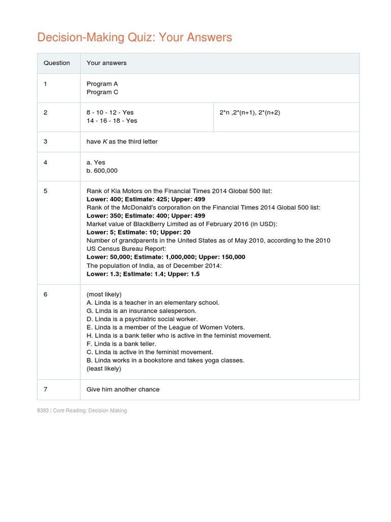 Decision-Making Quiz - Answers | PDF