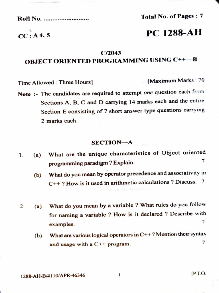 C++ Punjabi University Question Paper | PDF | Class (Computer ...