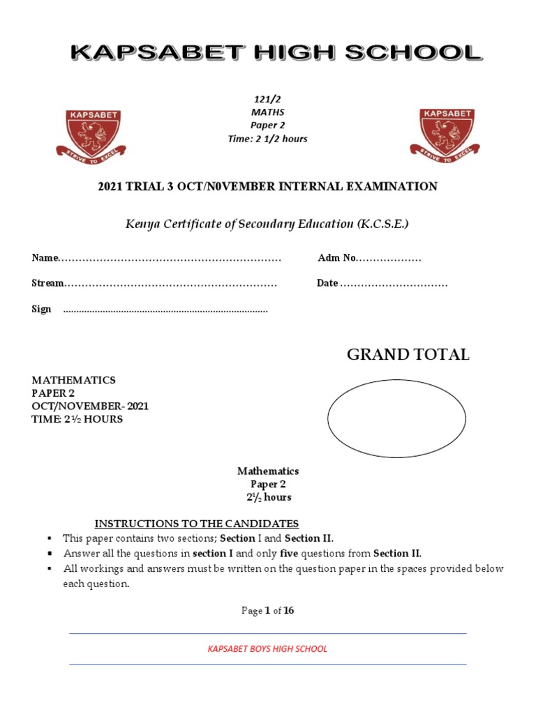 2021 Trial 3 Oct/N0Vember Internal Examination: Kenya Certificate of ...