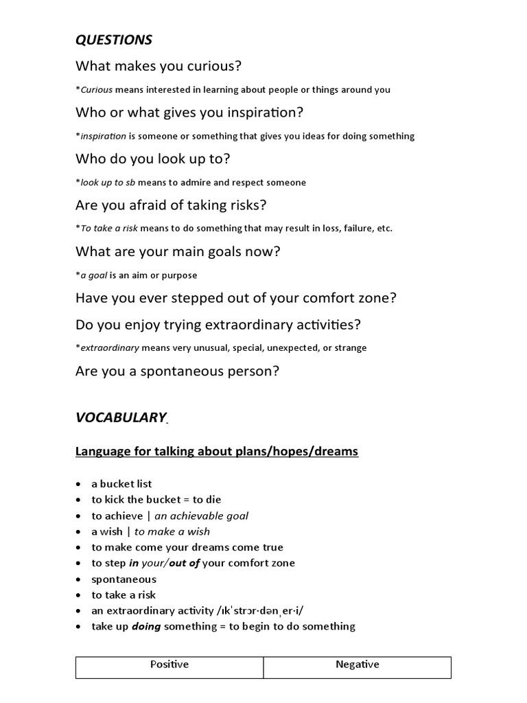Questions: Language For Talking About Plans/hopes/dreams | PDF