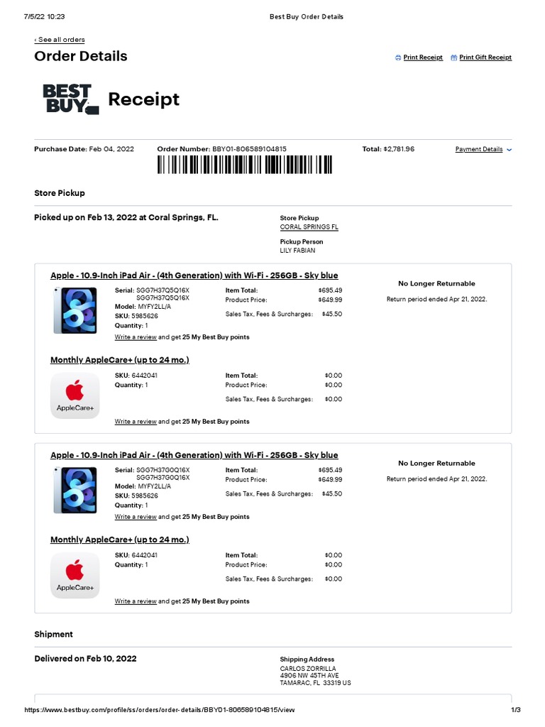 Best Buy Order Details - Apple | PDF | Receipt | I Pad