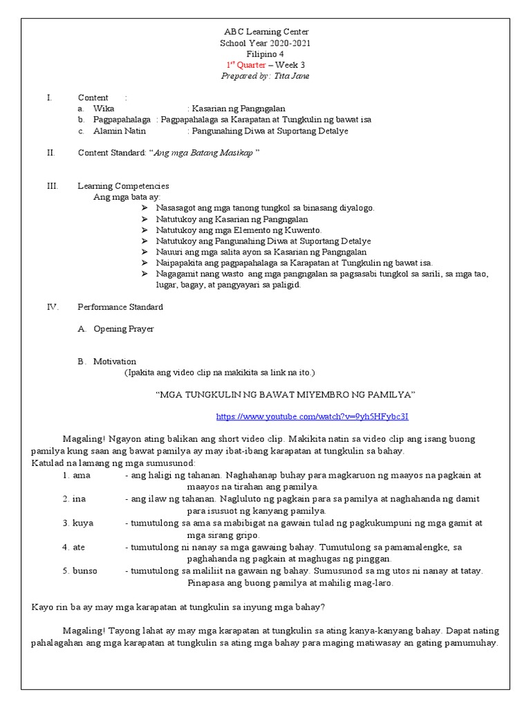 Filipino 4 Lesson Plan Week 3 | PDF