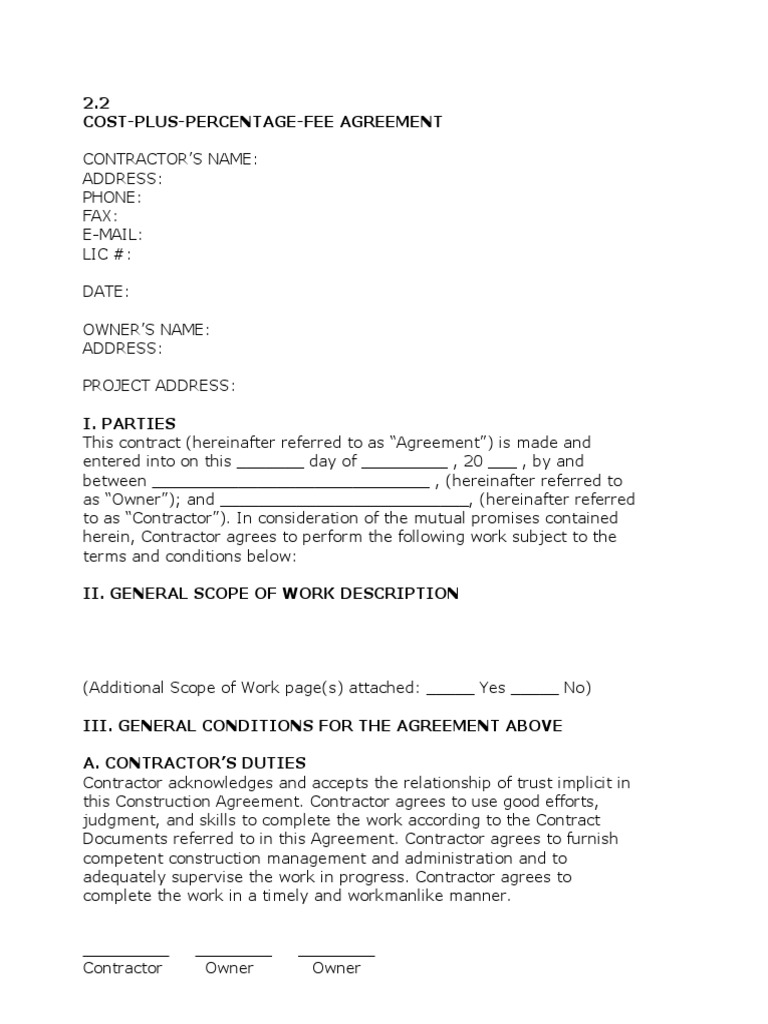 Cost-Plus-Percentage-Fee Construction Contract Template and Rate ...