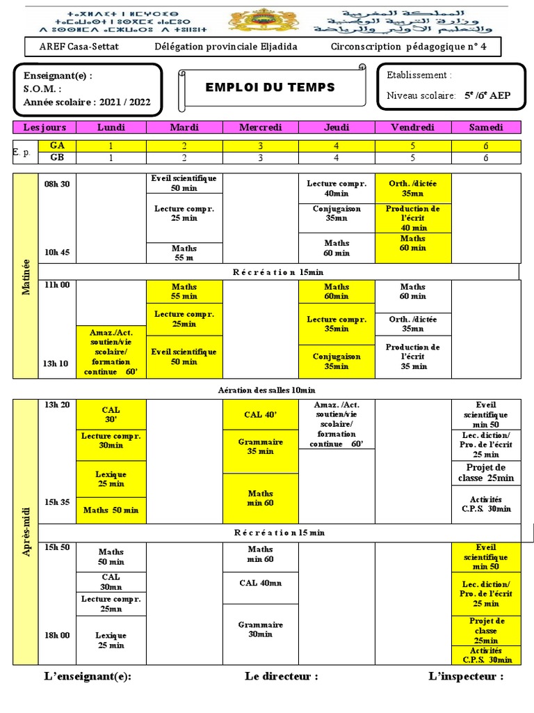 Emploi Du Temps 5-6e AEP | PDF