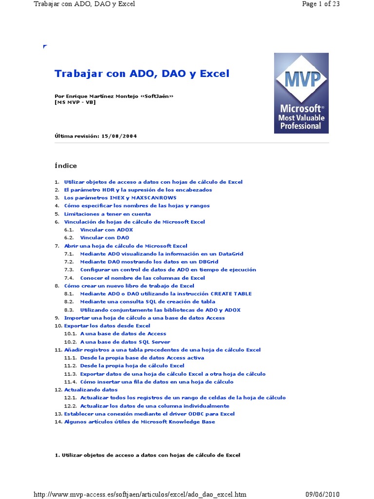 Trabajar Con ADO, DAO y Excel | PDF | Active X Data Objects | Microsoft Excel