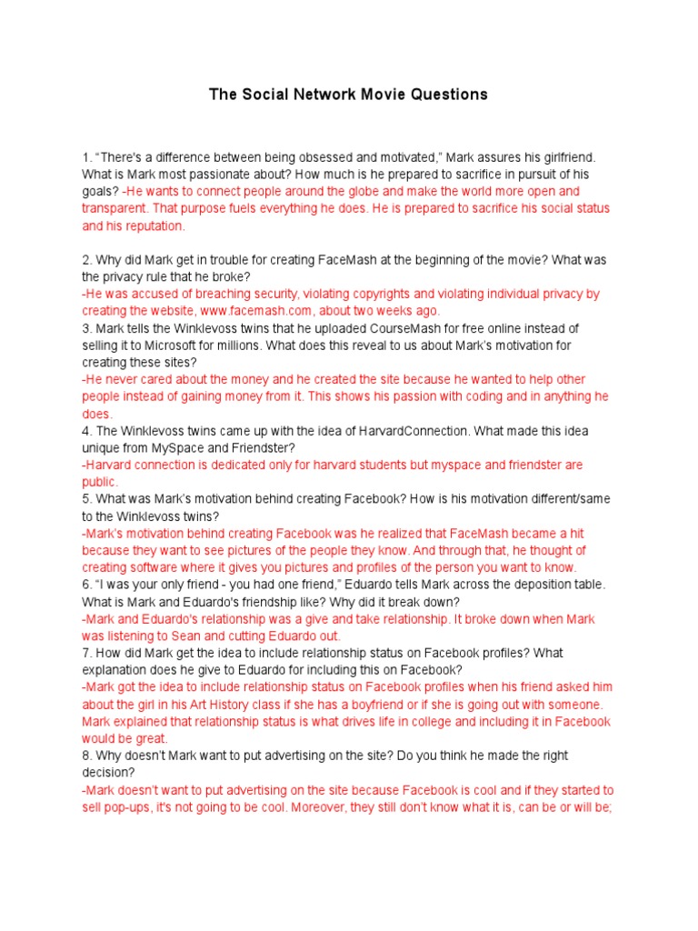 Nathaniel Biafore - The Social Network Movie Questions 1 | PDF ...