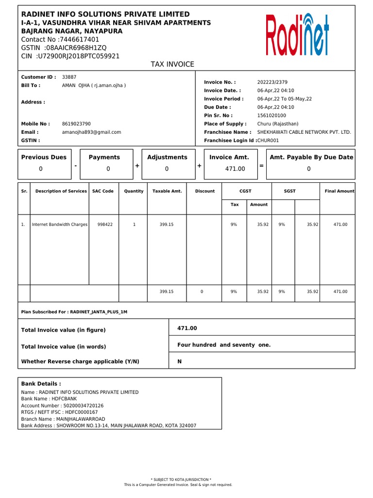 Tax Invoice: Radinet Info Solutions Private Limited | PDF | Invoice | Taxes