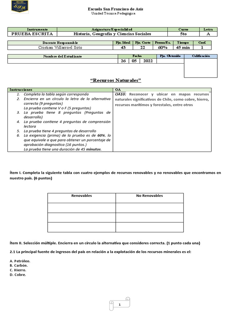 Prueba de Recursos Naturales 5to Básico | PDF | Cobre | Minería
