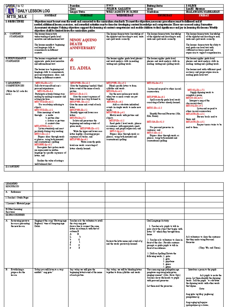 Dll-Mtb-Mle-Week12 Q2-Grade-1-Olive | PDF | Phonics | Learning