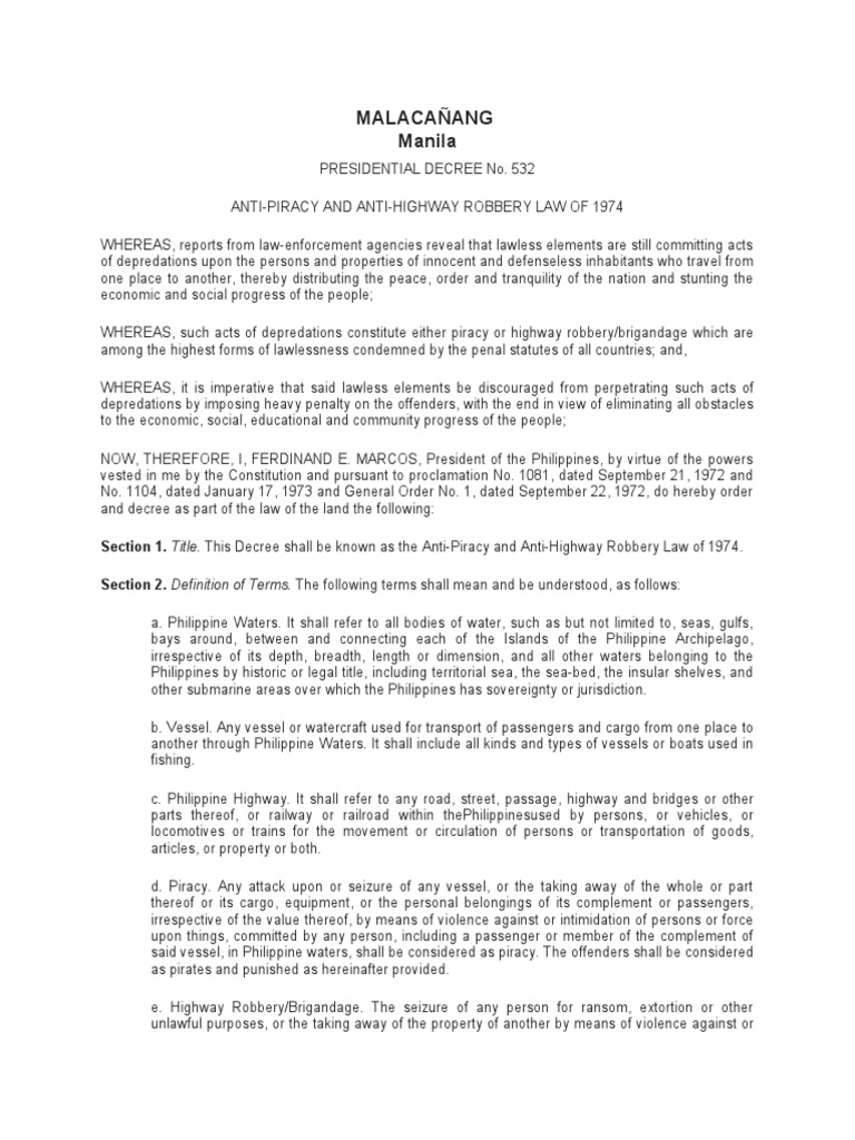 PD 532 Anti Piracy And Anti Highway Robbery Law Of 1974 PDF