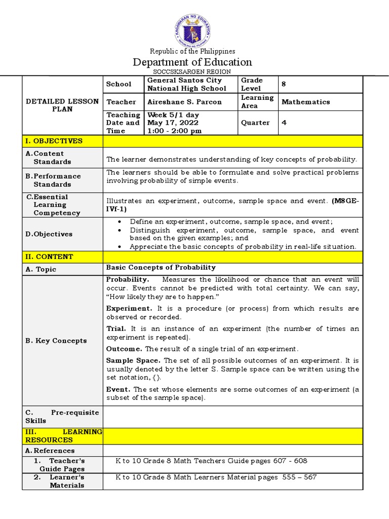 Final Demo Lesson Plan q4 Week 5 | PDF | Probability | Experiment