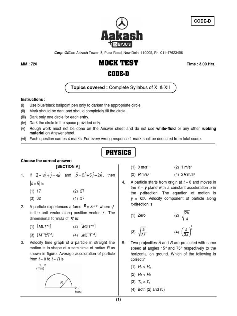 (@NEETpassionate) Aakash Mock Test - D | PDF | Applied And ...