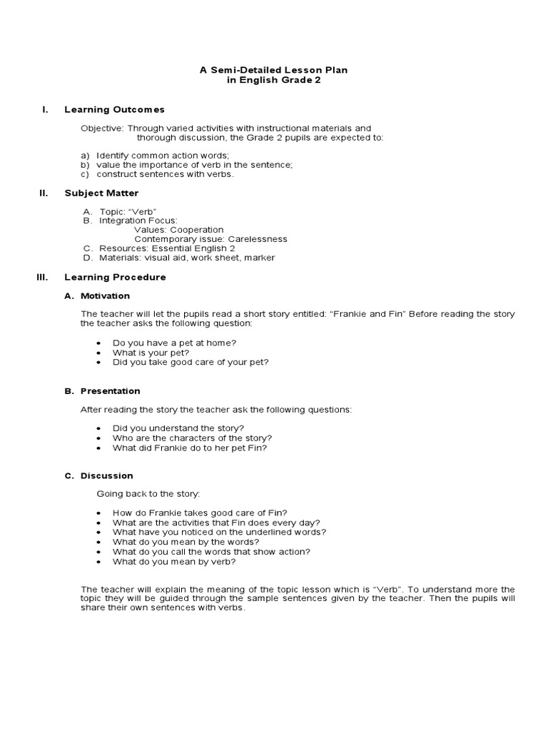 A Semi-Detailed Lesson Plan in English Grade 2 I. Learning Outcomes ...