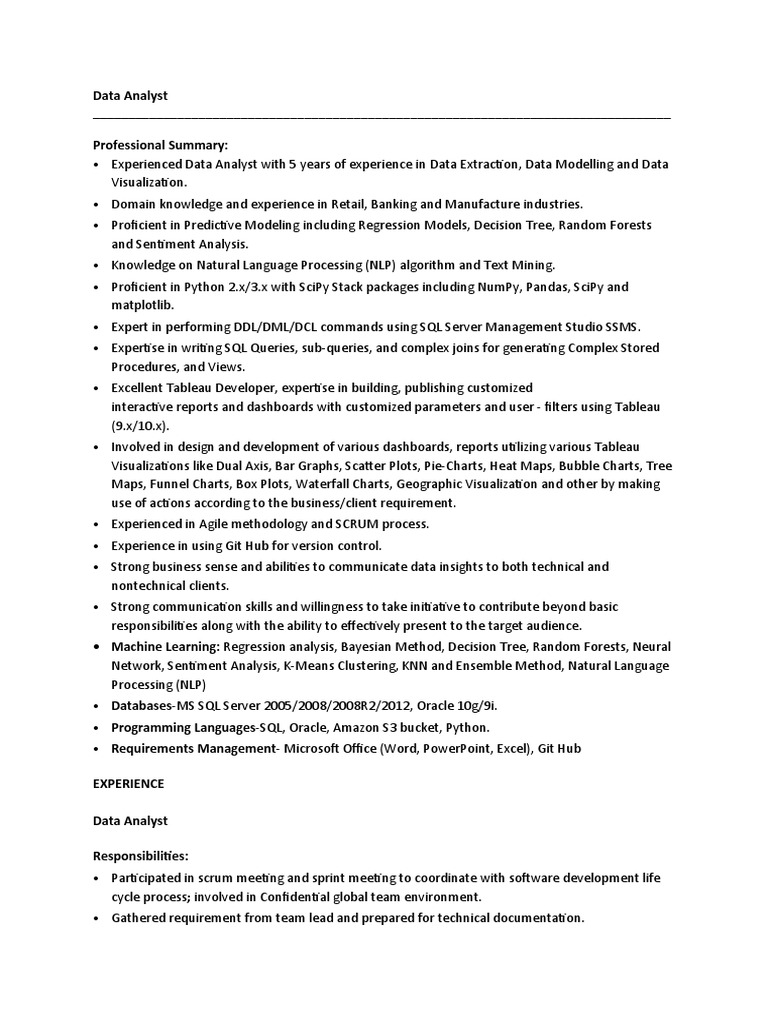 Data Analyst Sample Resume | PDF | Microsoft Sql Server | Cluster Analysis