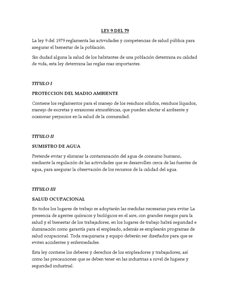 Ley 9 de 1979 | PDF | Seguridad y salud ocupacional | Agua
