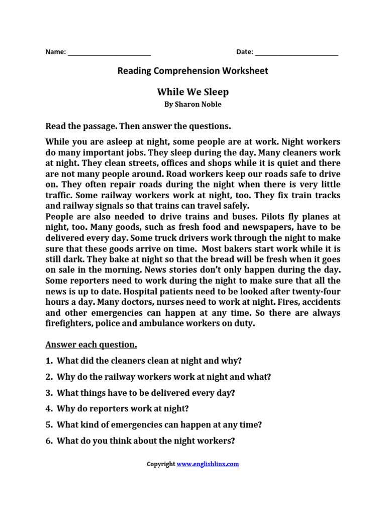Reading Comprehension Worksheet While We Sleep | PDF | News | Firefighter