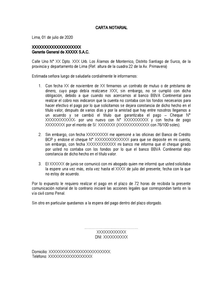 CARTA NOTARIAL Requerimiento de Pago | PDF