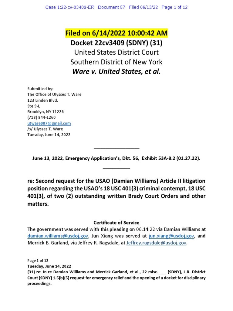 DKT 57, 22cv3409 (SDNY) Re Second Request To The USAO's Damian Williams ...