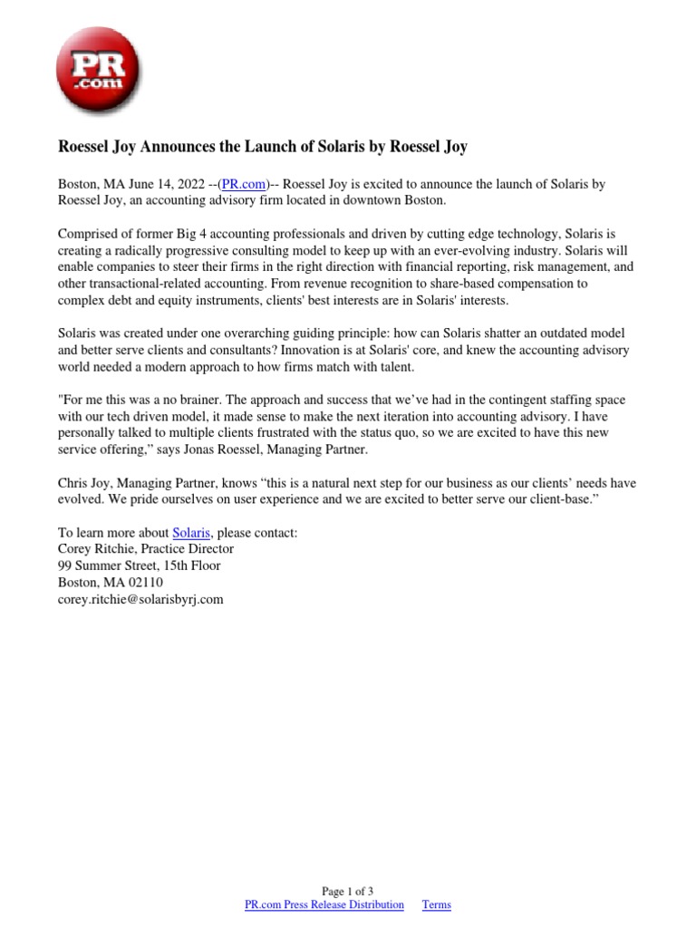 Roessel Joy Announces The Launch of Solaris by Roessel Joy | PDF ...